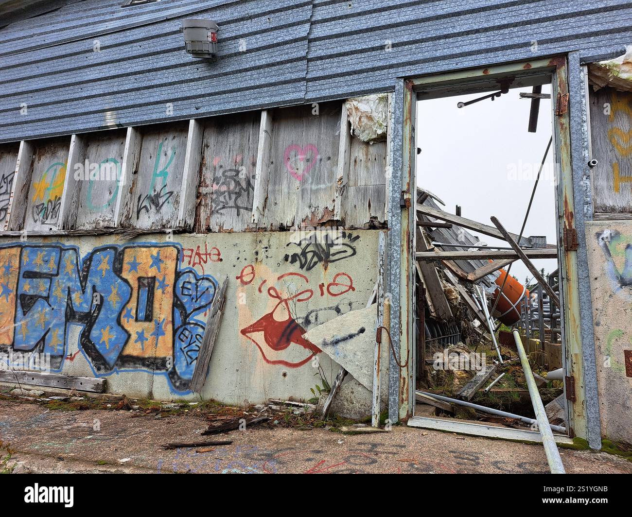 Graffiti on collapsed building at abandoned dilapidated Central Swine ...