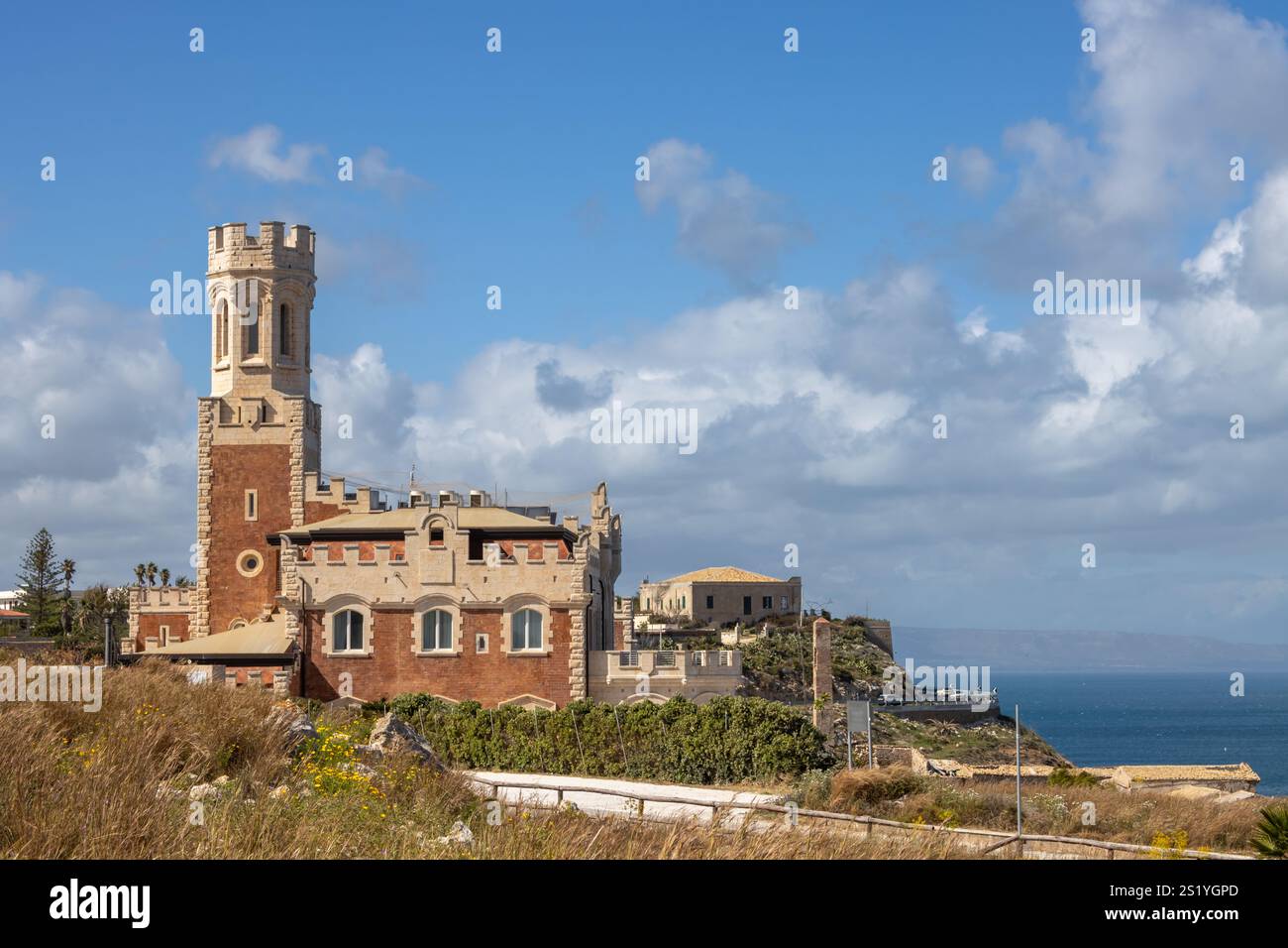 Stylish building with a tower of Castle Tafuri (Castello Tafuri) on a ...