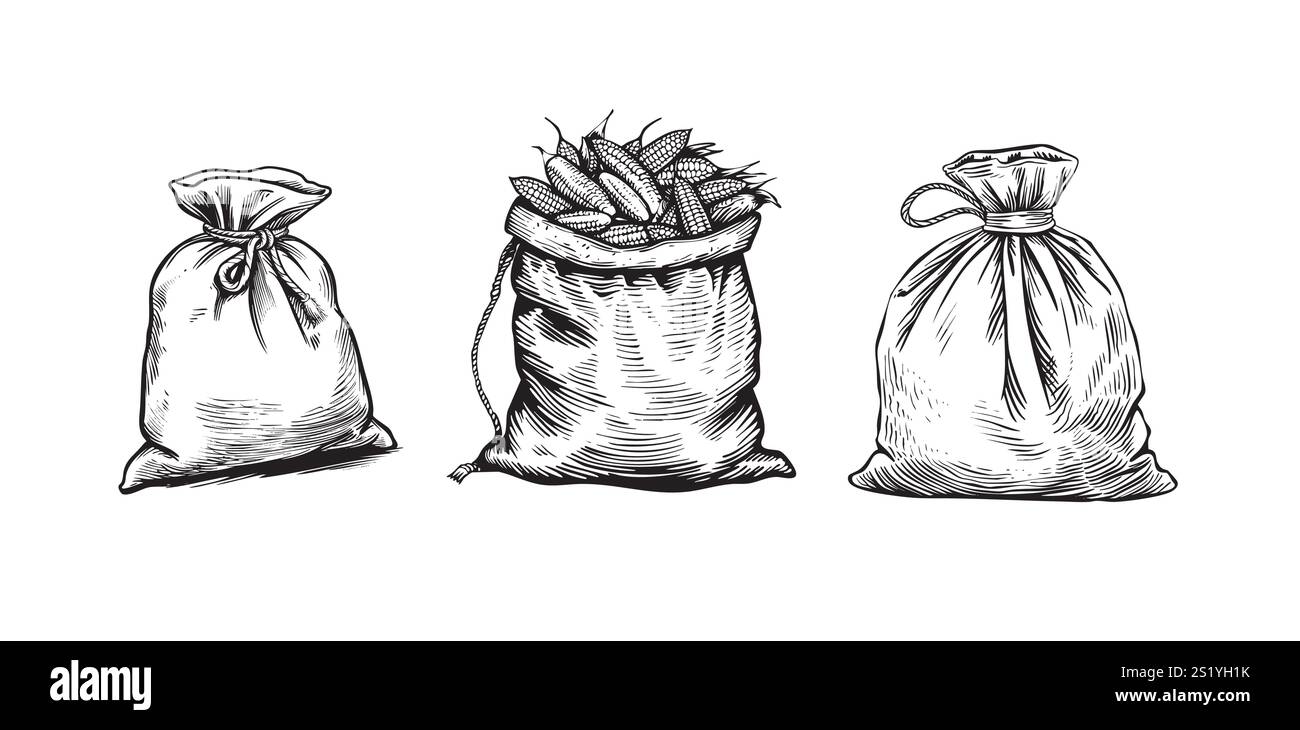 Hand sketched whole bag of corn and grains isolated on white background ...