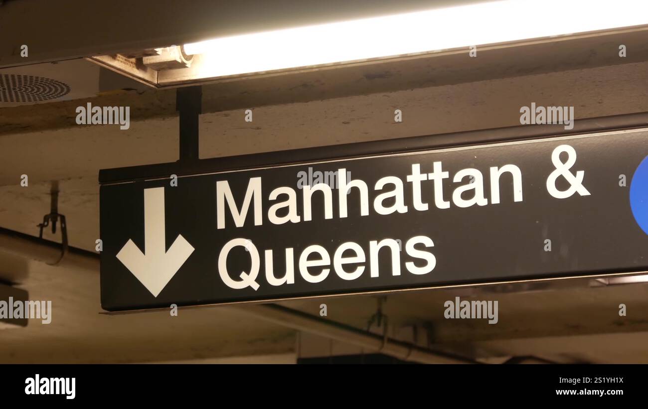 New York subway station interior, Manhattan text sign. Underground ...