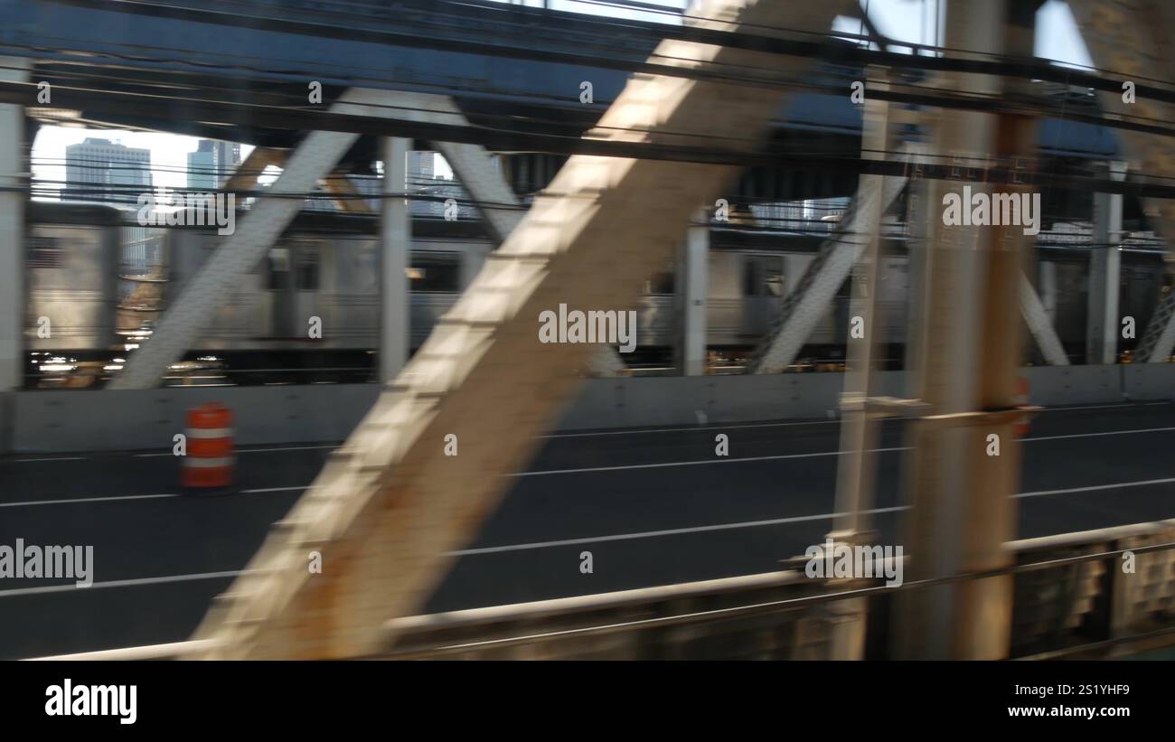 New York City subway train, Manhattan bridge. Shaking camera thru dirty ...