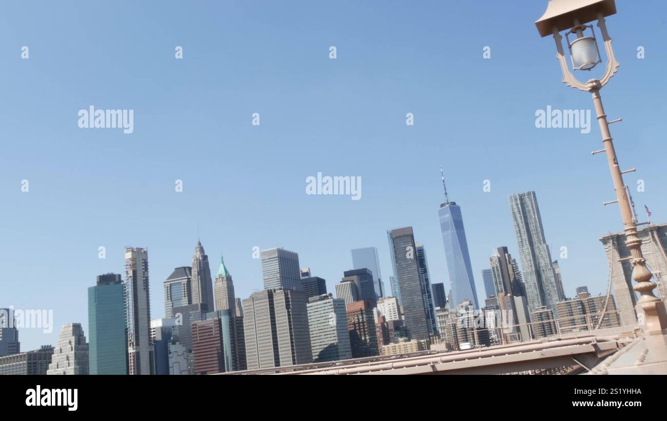 Brooklyn Bridge to Manhattan downtown. New York City skyline ...