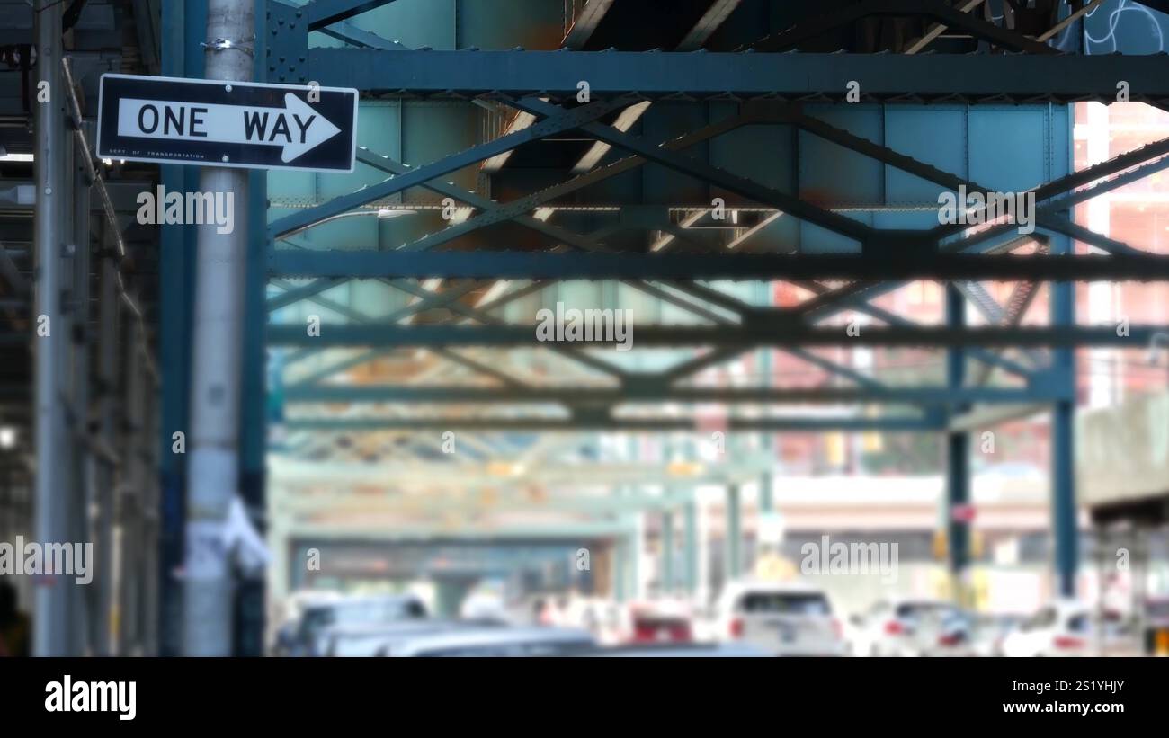 New York elevated subway, metropolitan bridge, metro track above street ...