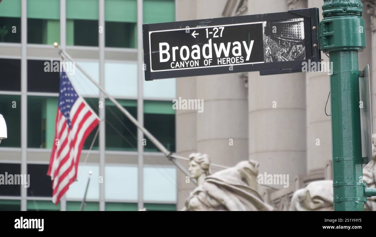 Broadway street road sign, Manhattan downtown financial district ...