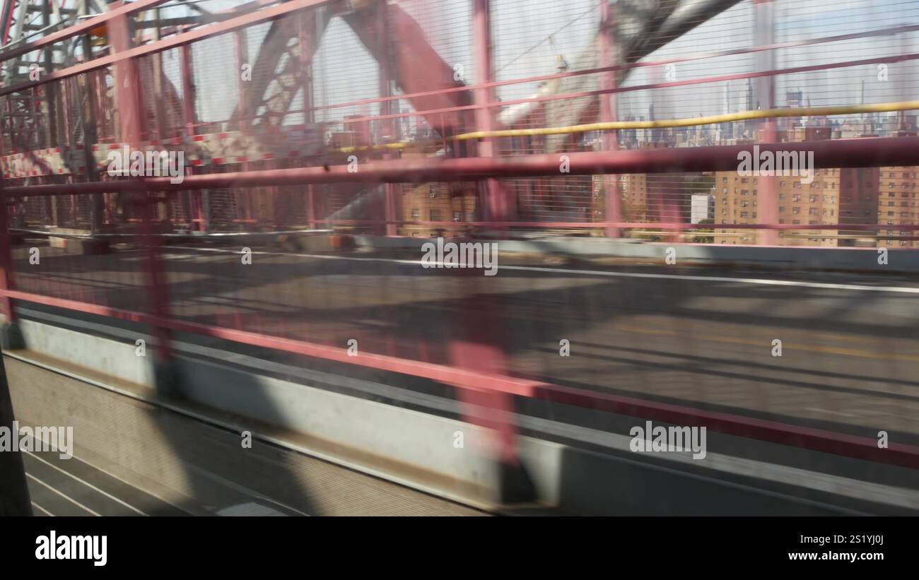 New York City subway train, Williamsburg bridge. Shaking camera thru dirty window. Manhattan ...