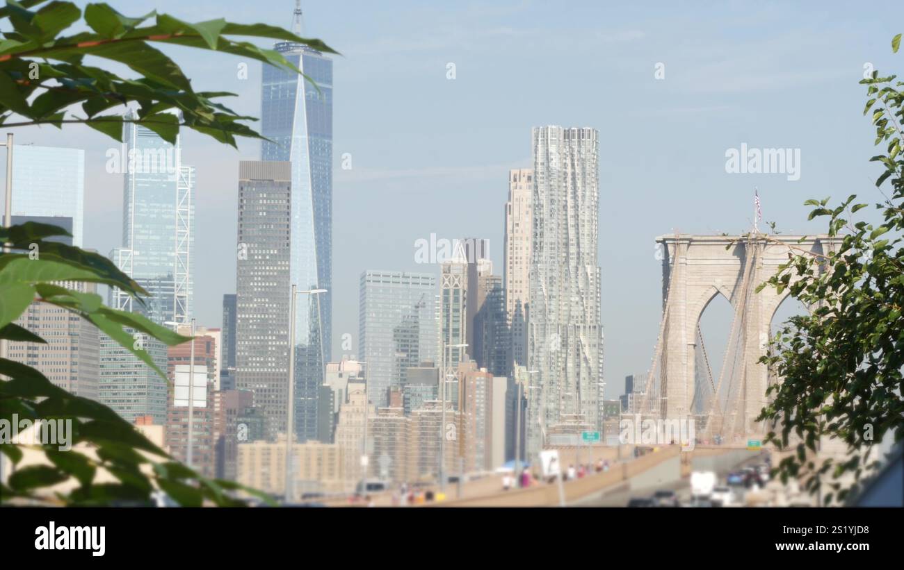 Cars on Brooklyn Bridge from Manhattan downtown to Dumbo. New York City ...