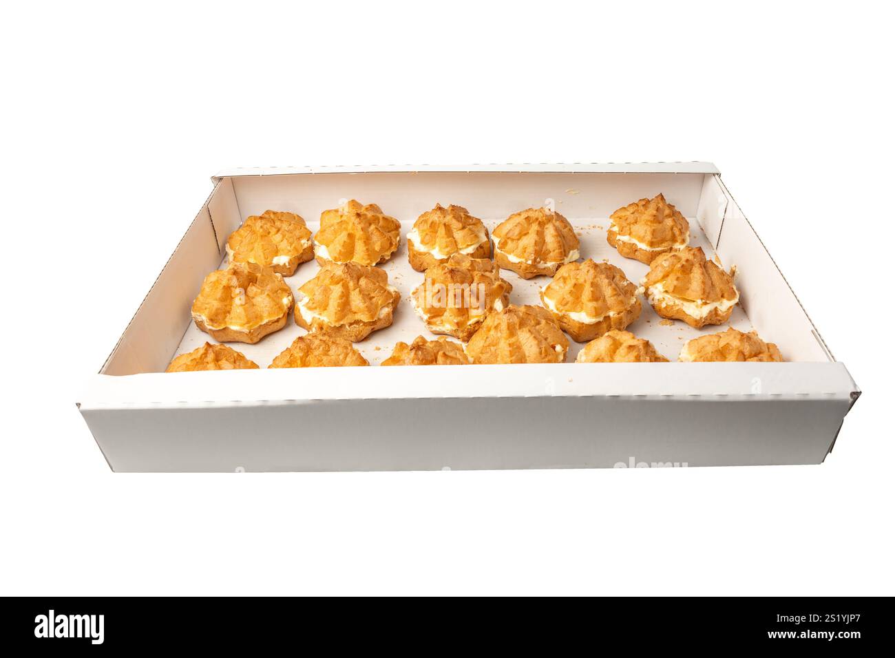 A white box with a dozen pastries inside. The pastries are small and ...