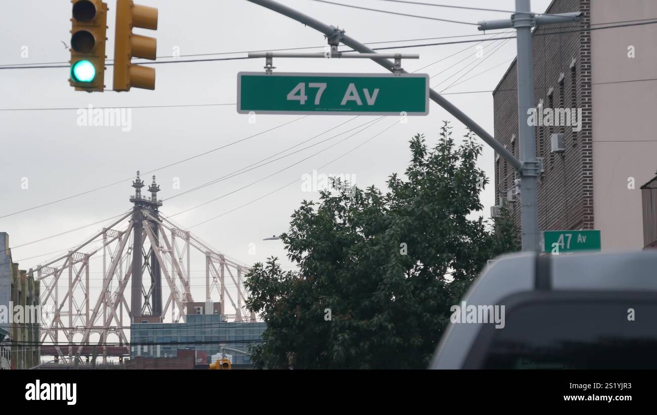 New York City street crossroad, yellow traffic light, transport road ...