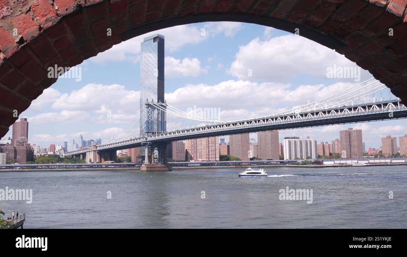 New York City Manhattan Bridge to Brooklyn Dumbo. View from waterfront ...