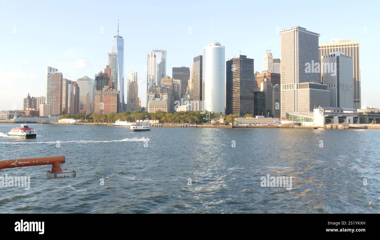 New York City skyline from ferry boat to Staten Island. Manhattan ...