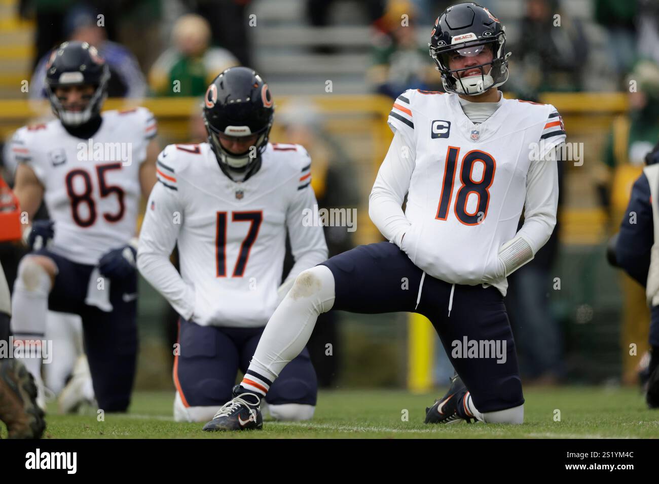 Chicago Bears tight end Cole Kmet (85), quarterback Tyson Bagent (17 ...