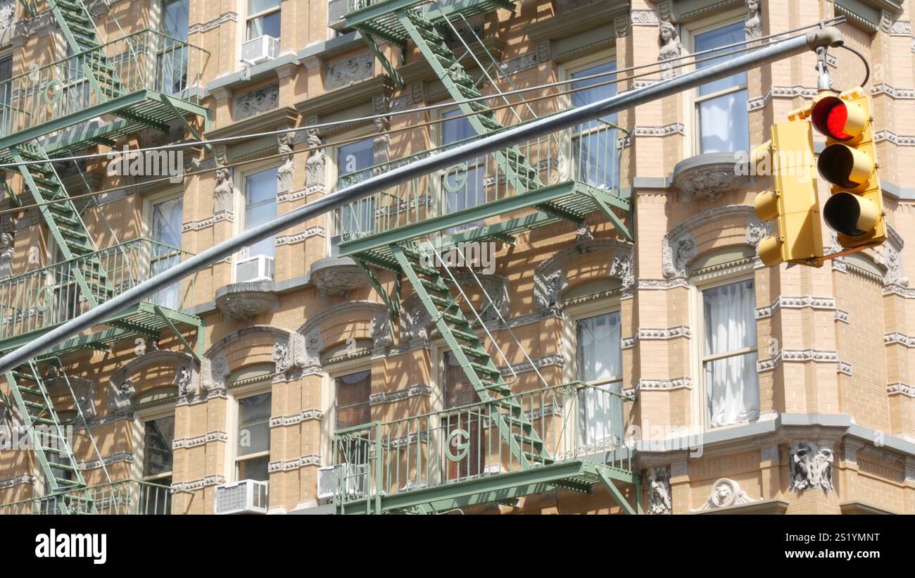 New York City street crossroad, yellow traffic light, transport road ...