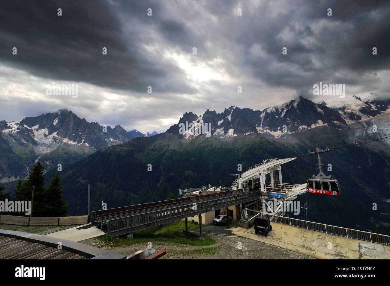 Panorama of a snowy Mont Blanc massif from Le Brevent cable car station ...