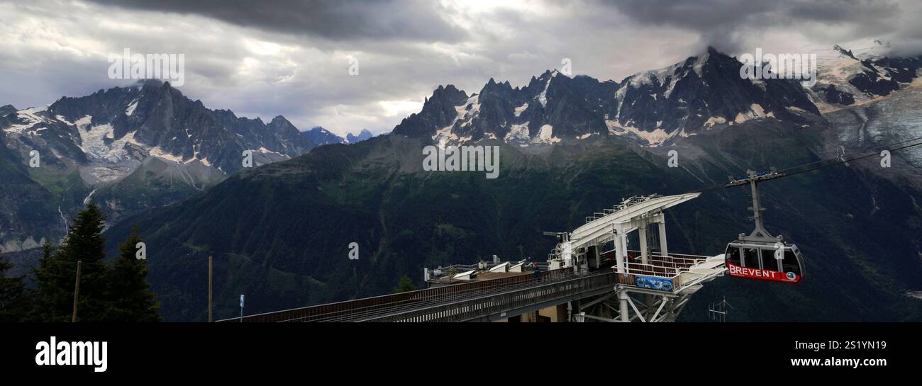 Panorama of a snowy Mont Blanc massif from Le Brevent cable car station ...