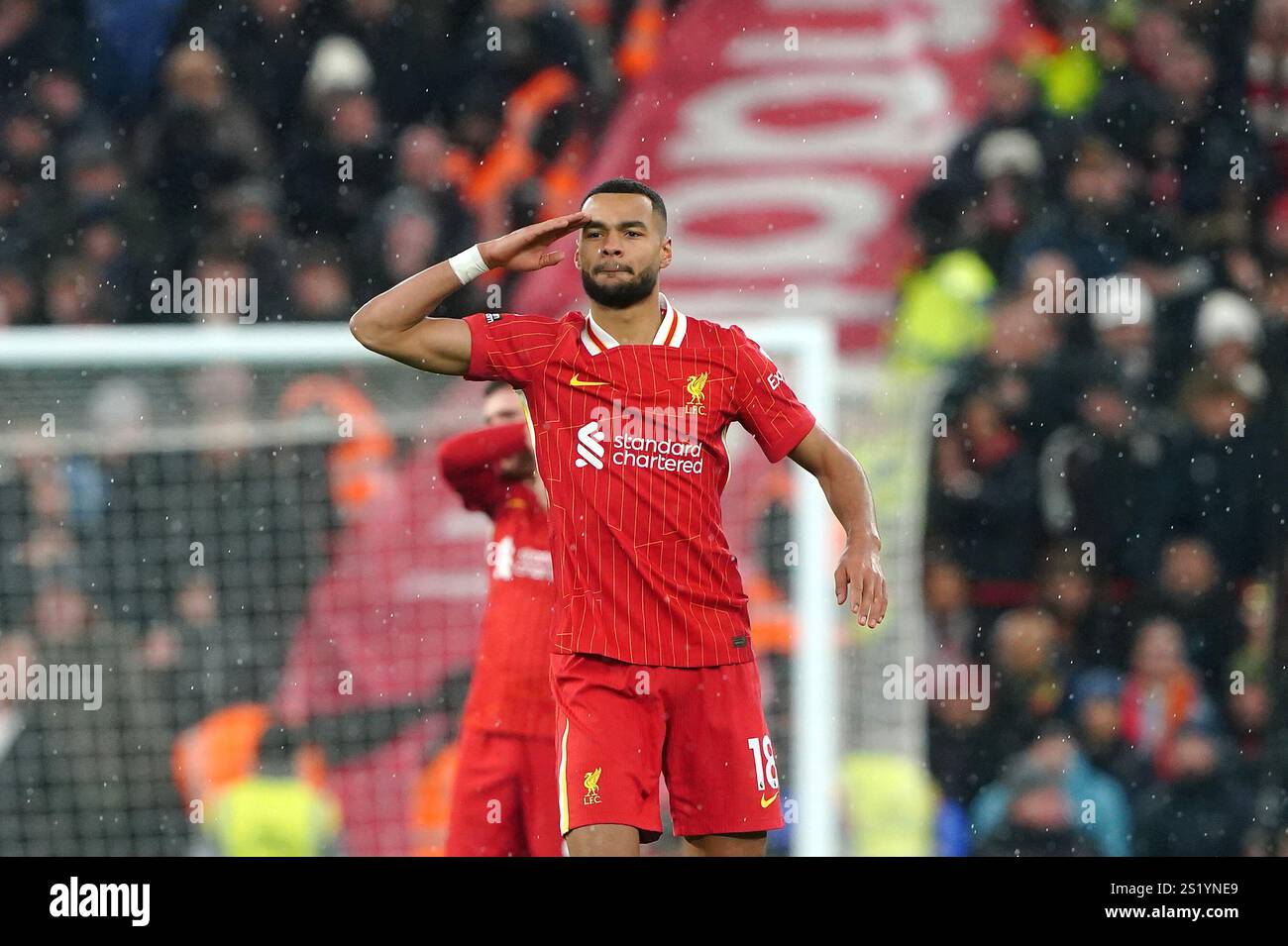 Liverpool's Cody Gakpo celebrates scoring their side's first goal of ...