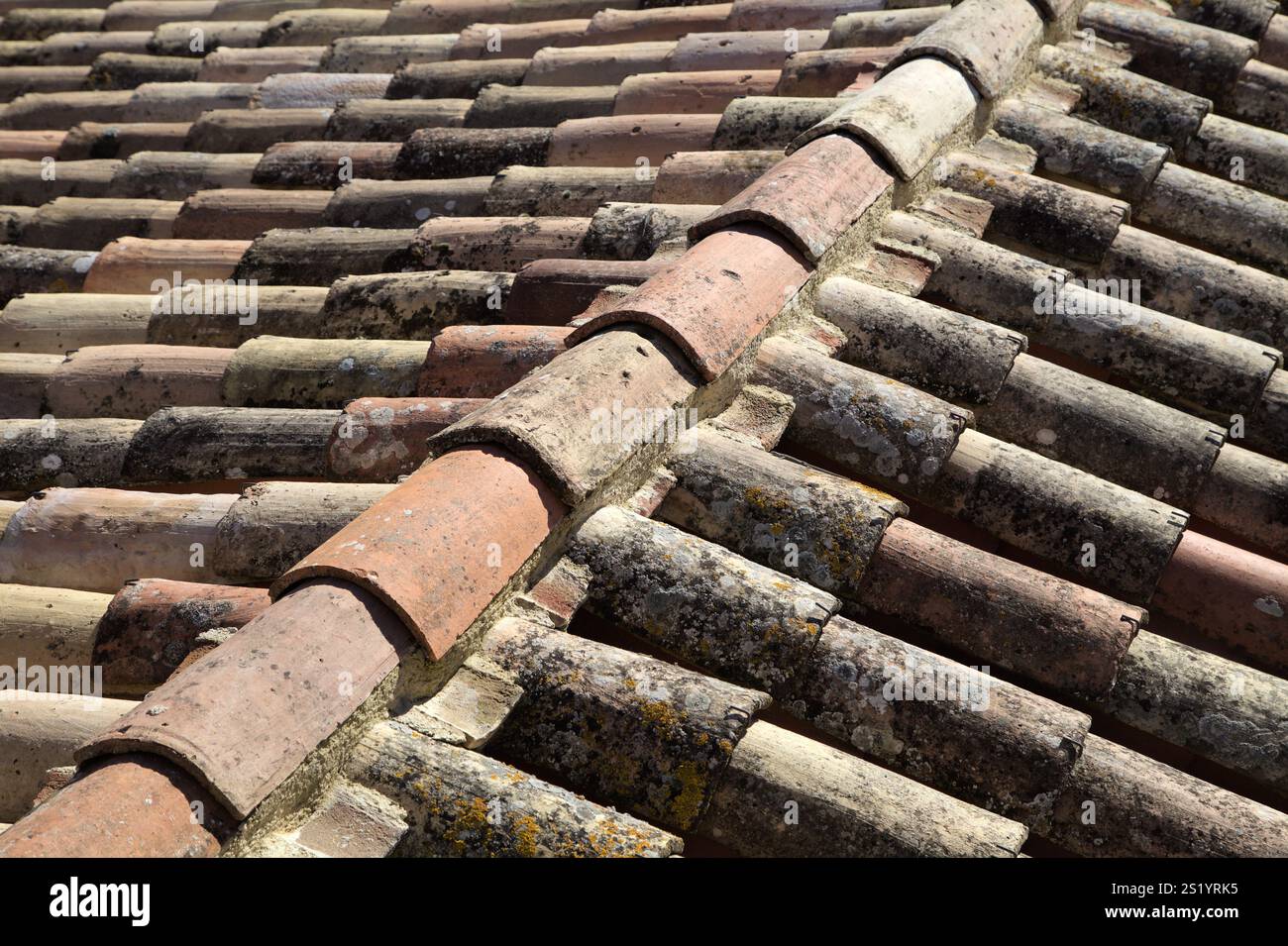 Old clay roof tiles display a unique arrangement and weathering effects ...