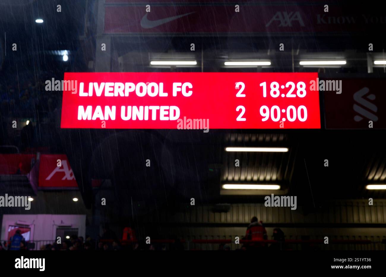 A general view of the scoreboard at full time, reading Liverpool 2-2 ...