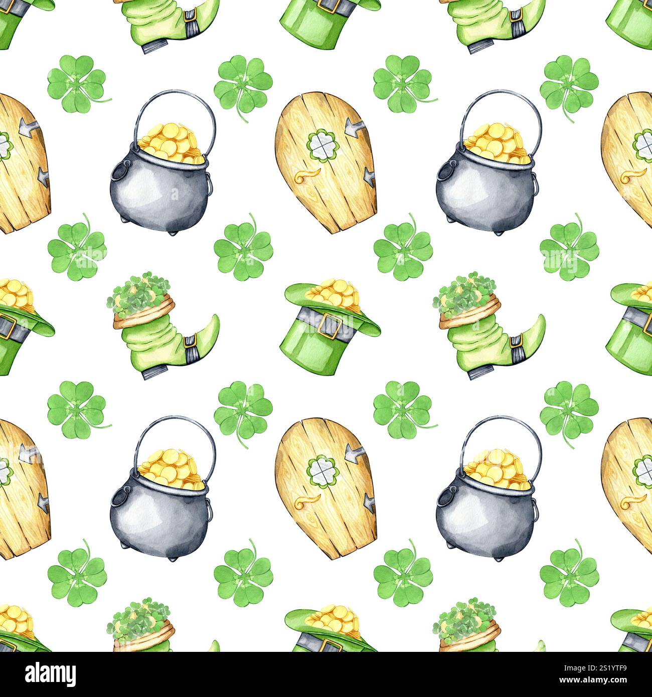 St Patrick's day watercolor seamless pattern with pot of gold ...