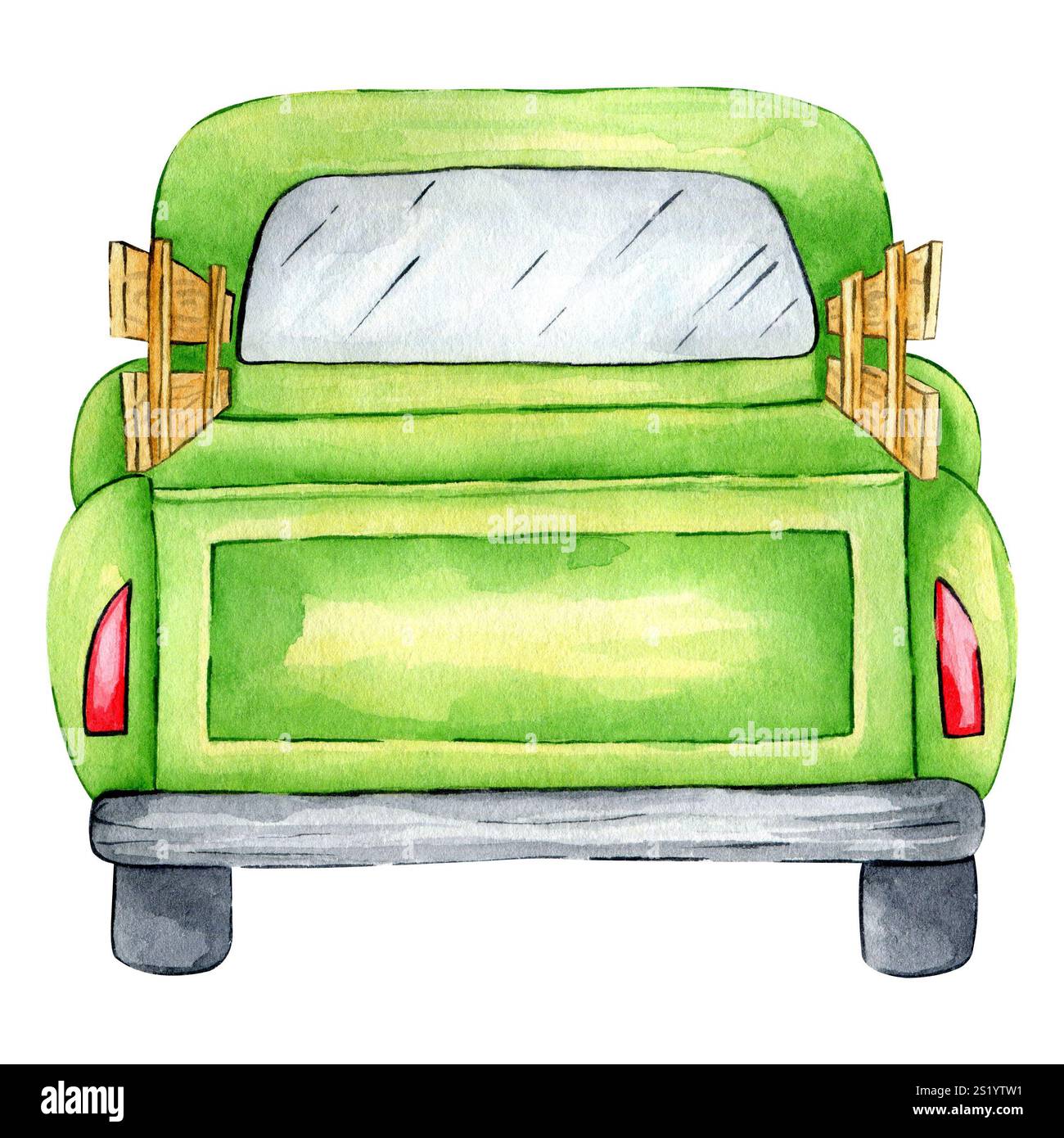 Watercolor green truck isolated on white background. Old american car ...