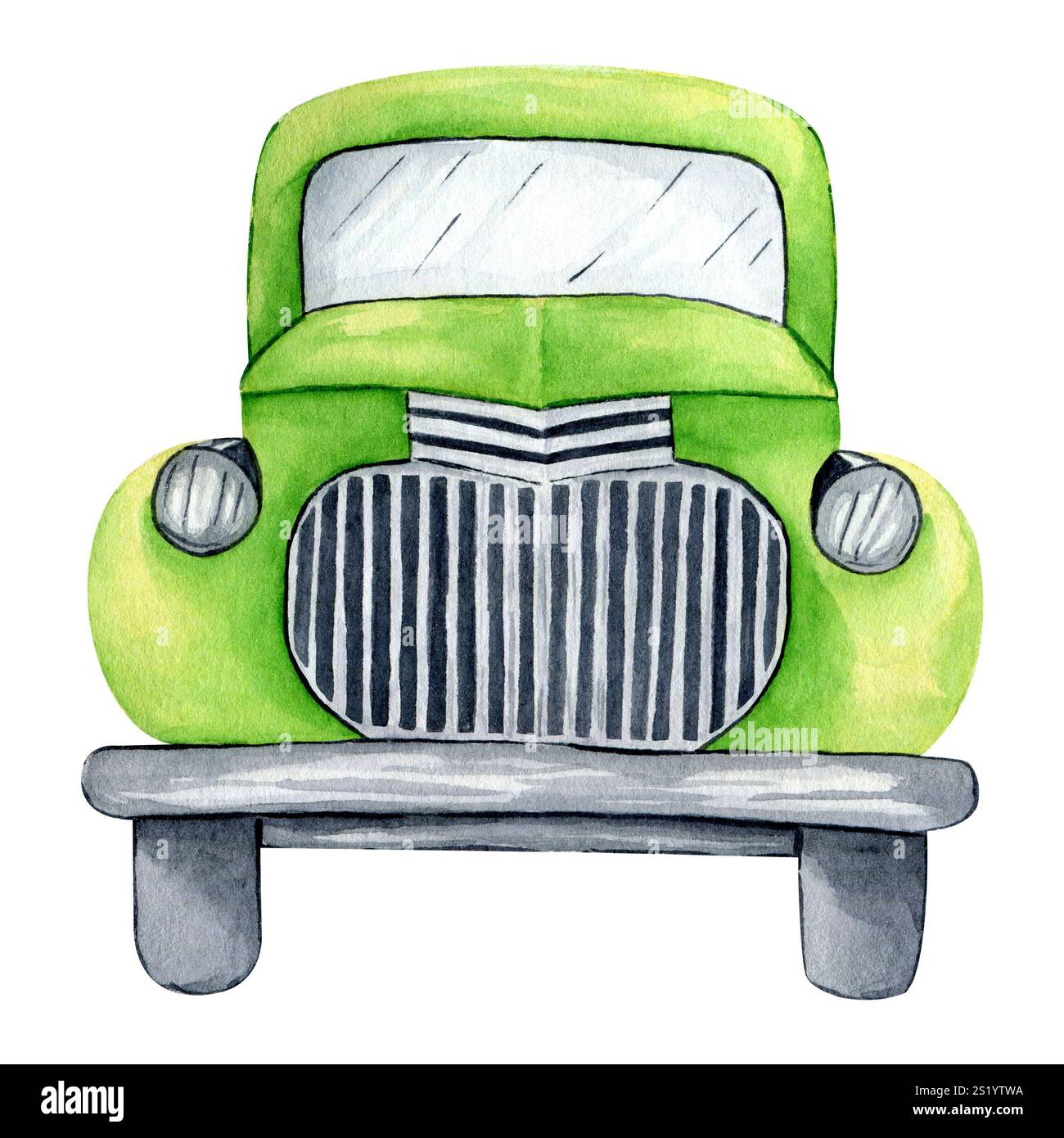 Watercolor green truck isolated on white background. Old american car ...