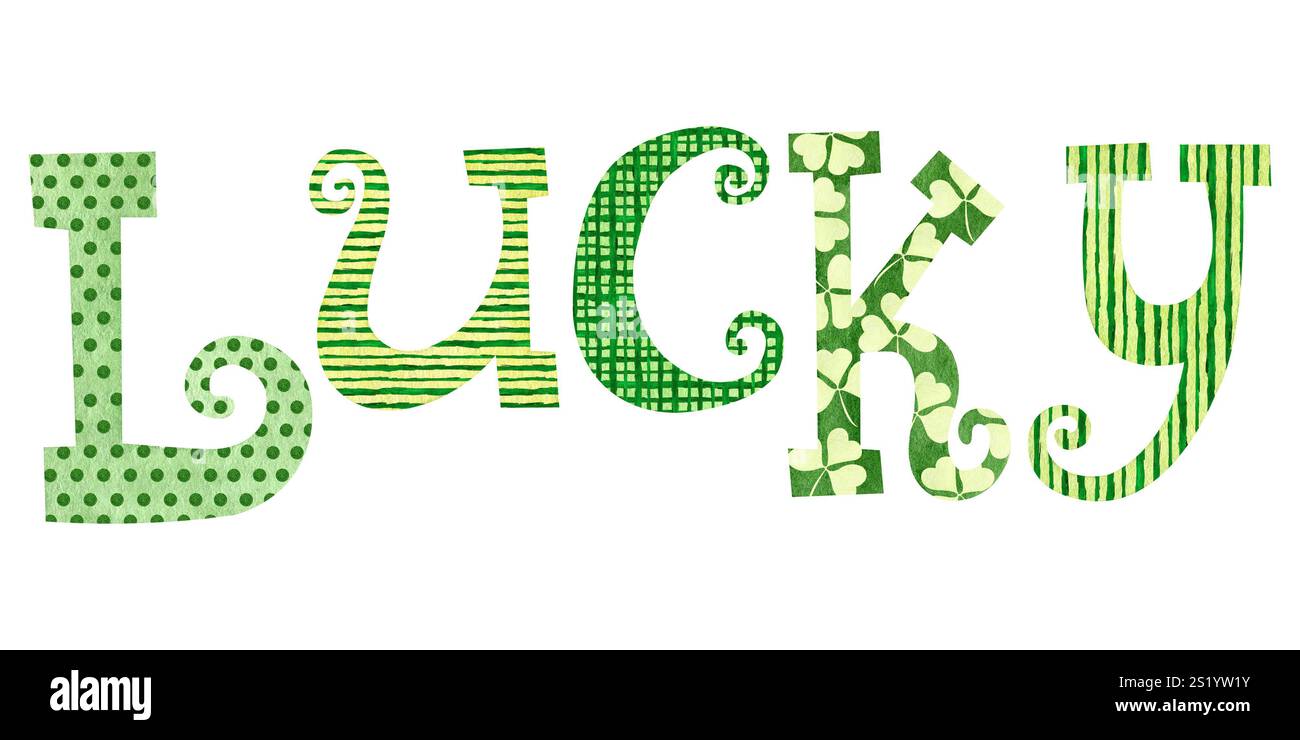 St Patrick's day lucky lettering isolated on white background. Textured ...