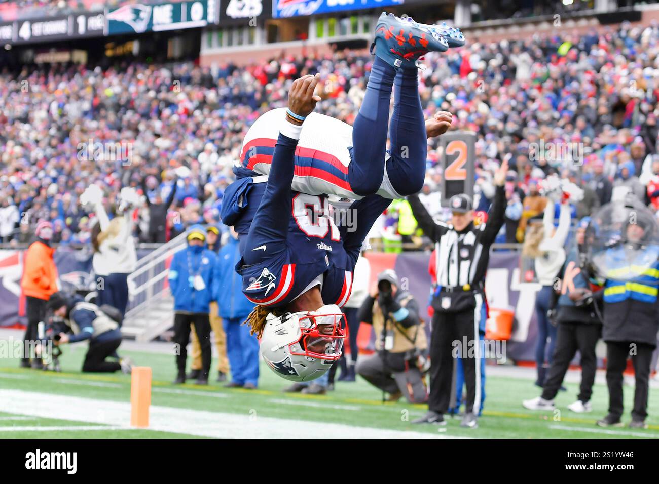 New England Patriots quarterback Joe Milton III (19) flips while ...