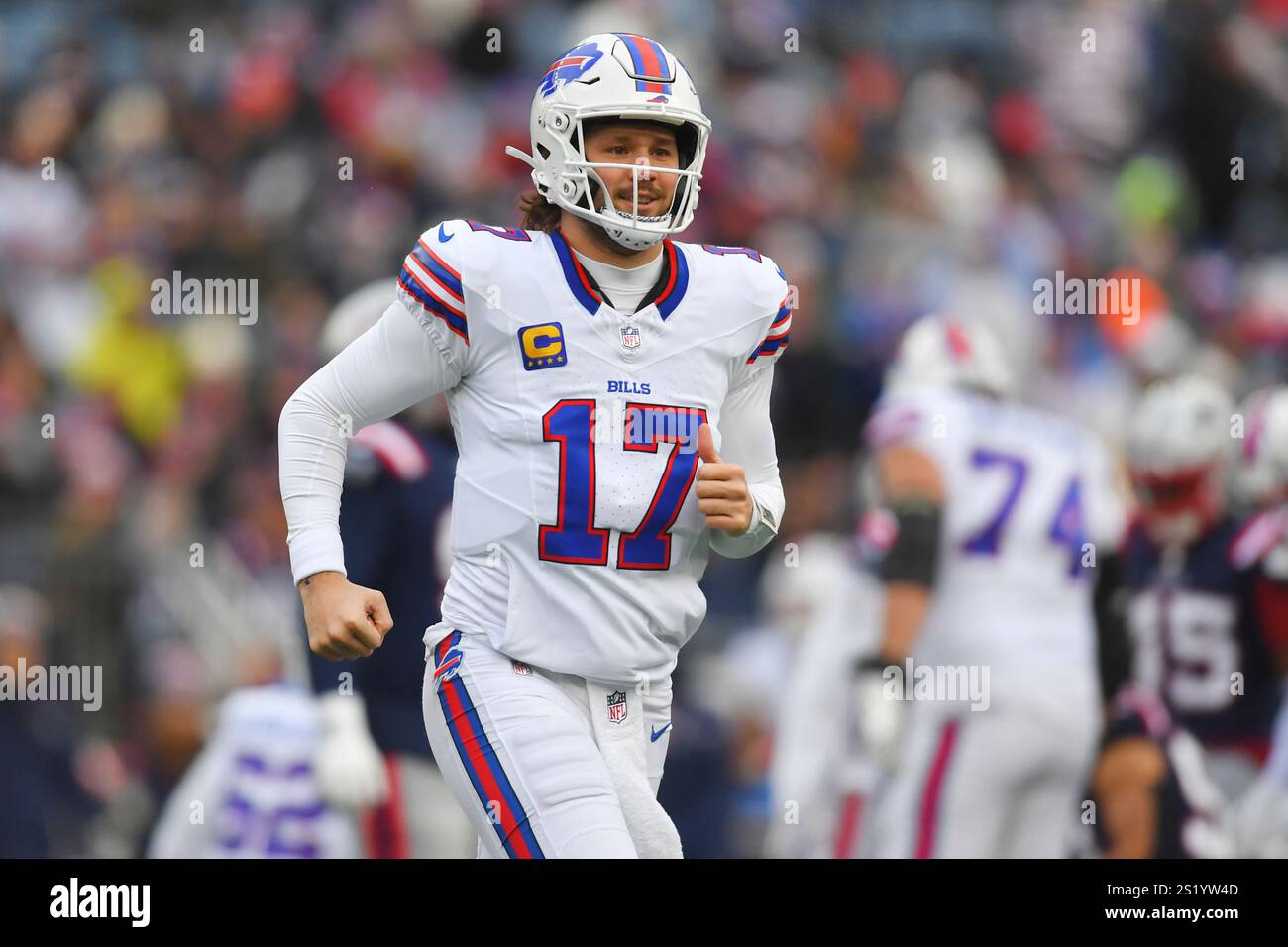 Buffalo Bills quarterback Josh Allen (17) smiles while coming out of ...