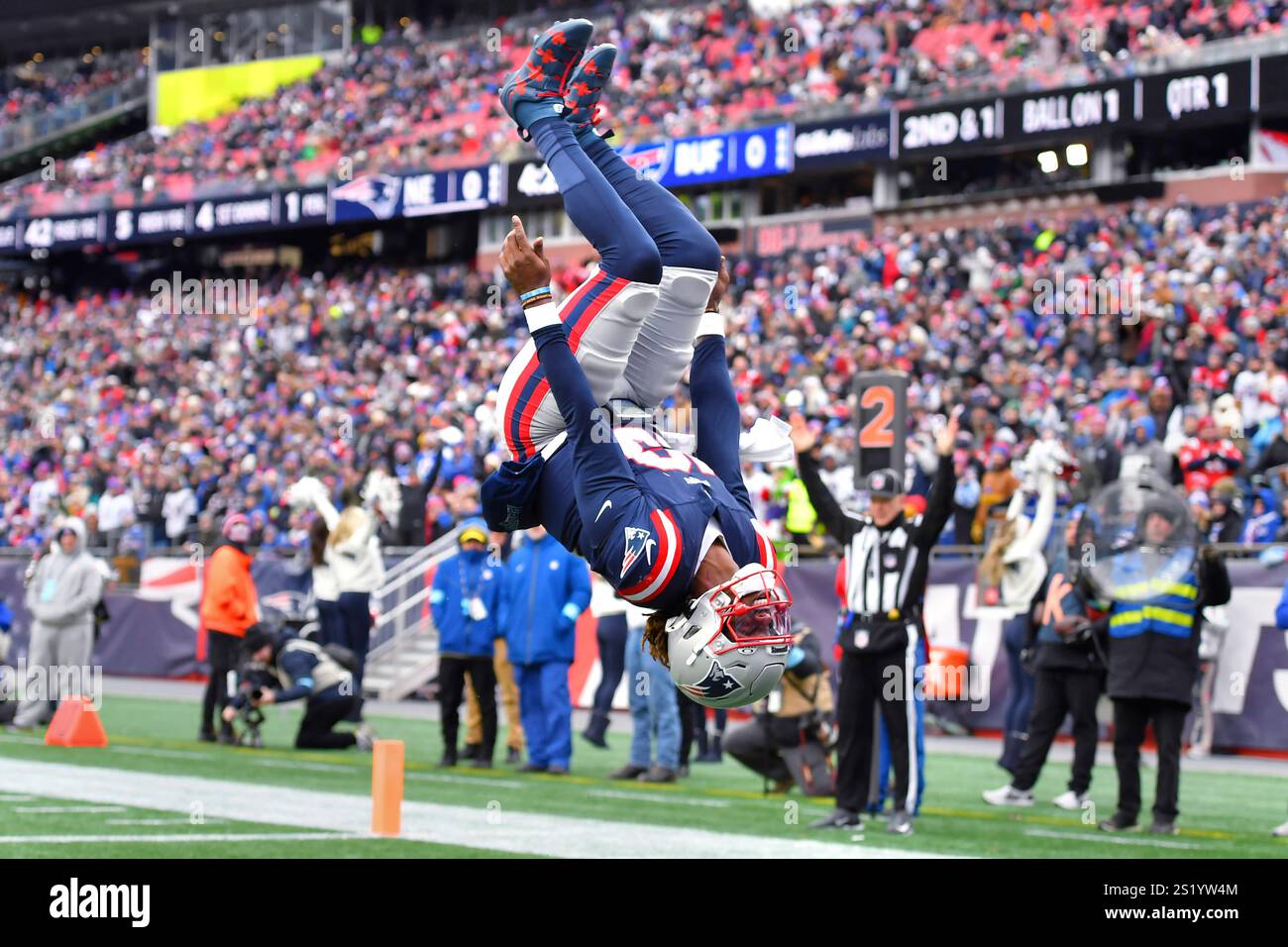 New England Patriots quarterback Joe Milton III (19) flips while ...