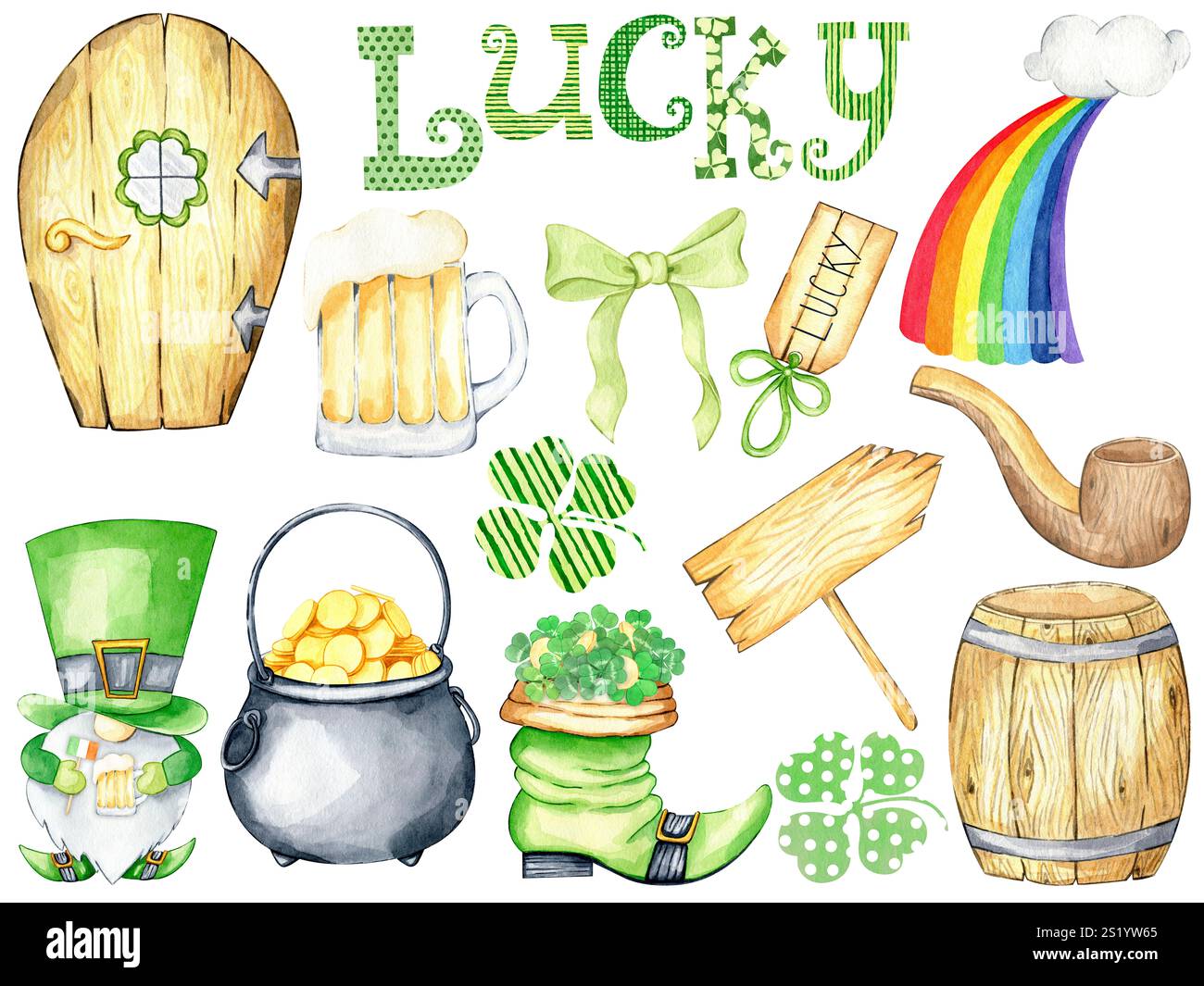 St. Patrick's day hand drawn clipart set with clover, shamrock, gnome ...