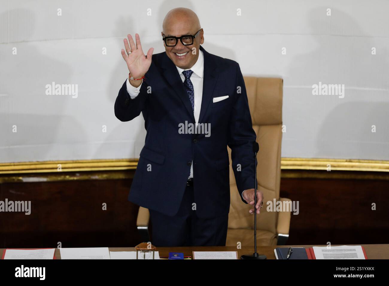 National Assembly President Jorge Rodriguez waves during a swearing-in ...
