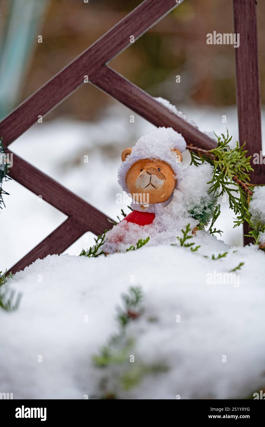 snow covered teddy bear in a garden Stock Photo - Alamy