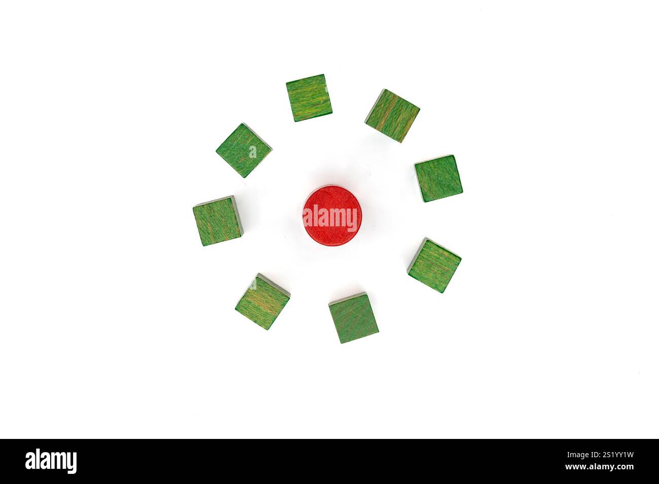 Teamwork Concept: Red Round Wood Block Surrounded by Green Cubes ...