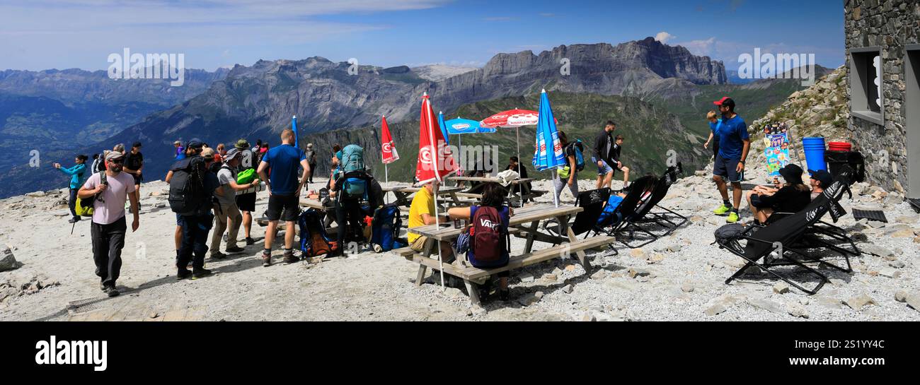 Walkers at the Le Brevent cable car station, Carlaveyron Nature Reserve ...