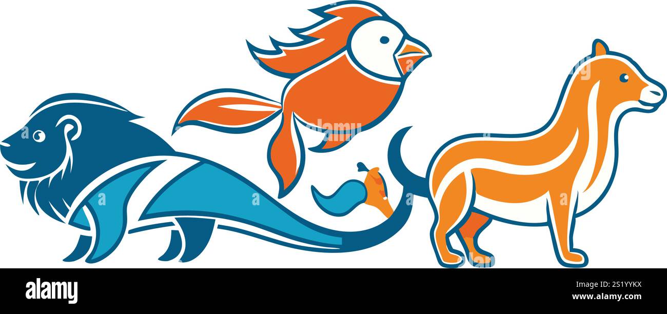 Vibrant vector artwork of stylized animals, including a lion and bird ...