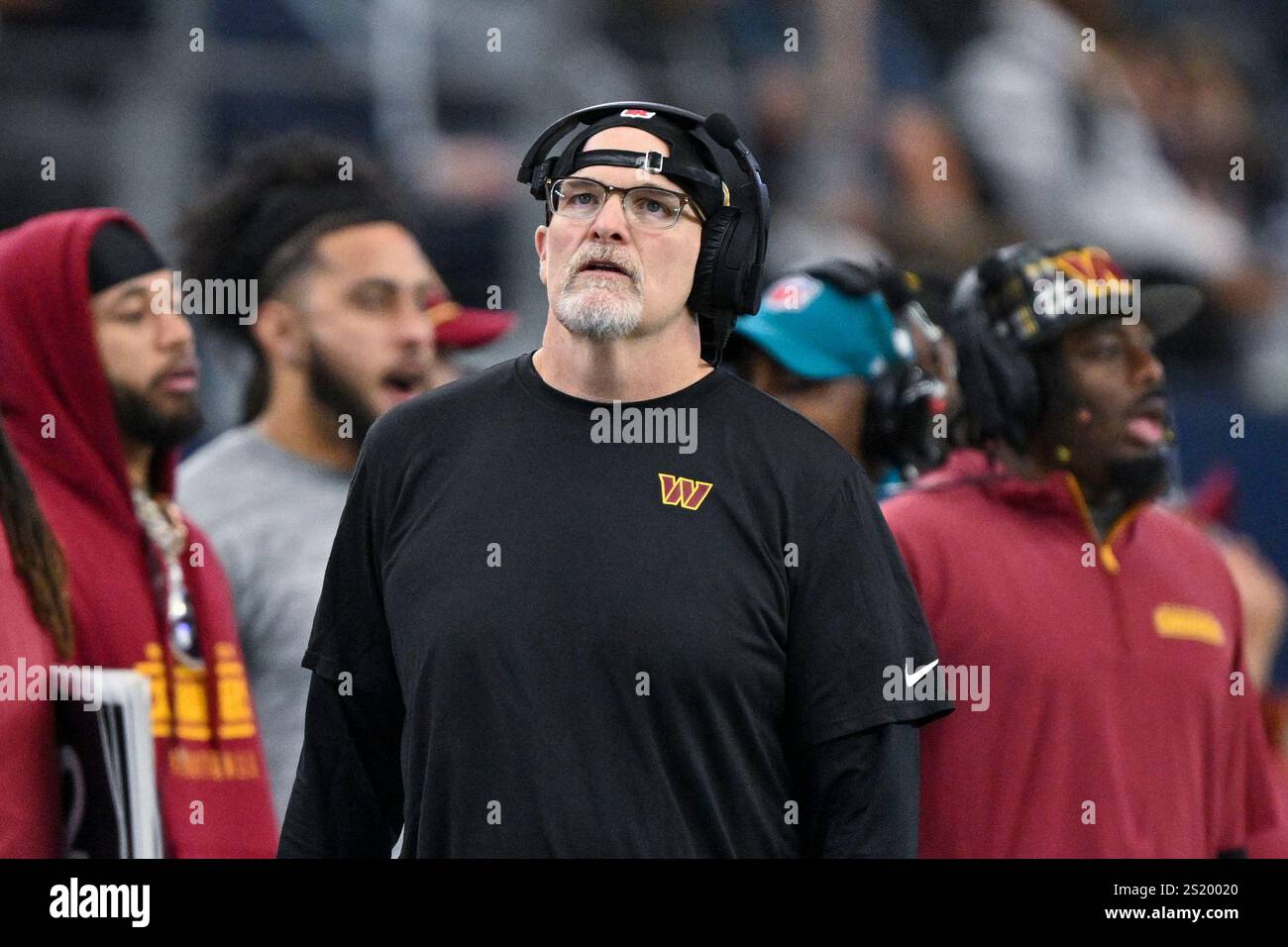 Washington Commanders head coach Dan Quinn looks on during the first ...