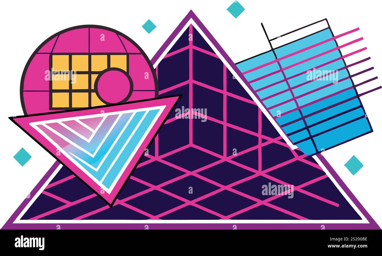 Bold and dynamic 80s inspired vector illustration with vibrant grids ...