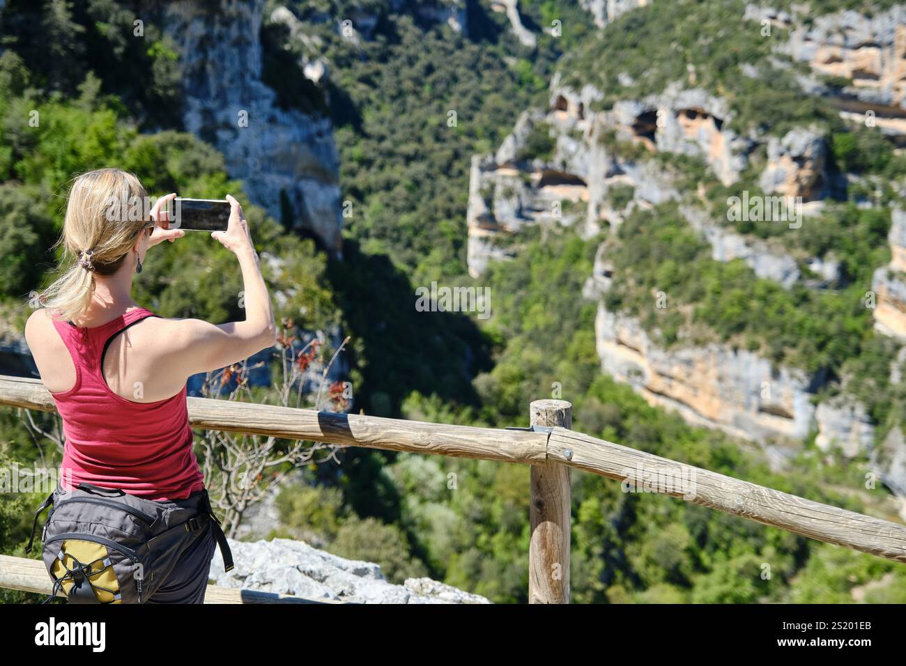 Rear view of a woman taking a picture with her cell phone from a ...