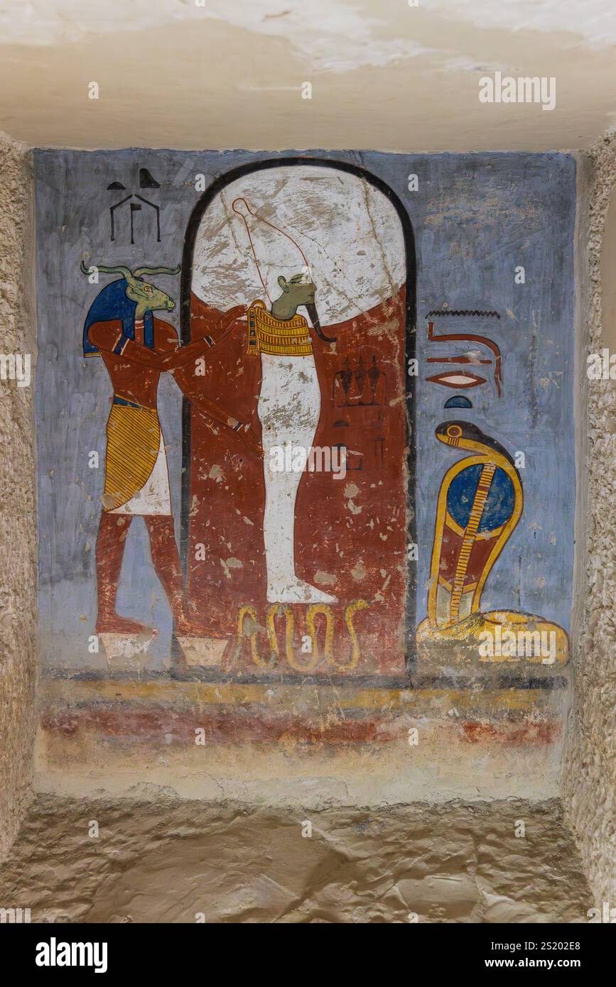 Tomb of Ramses I, mural painting of Ram-head god, Osiris and snake ...