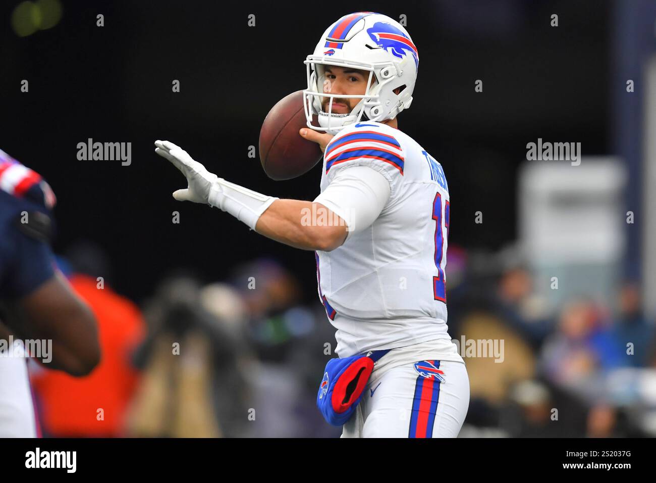 Buffalo Bills quarterback Mitchell Trubisky (11) during the first half of an NFL football game ...