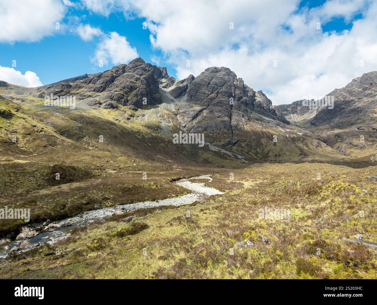 Blaven (Blabheinn, Bla Bheinn) and Clach Glas mountains in the Black Cuillins of Skye with Allt ...