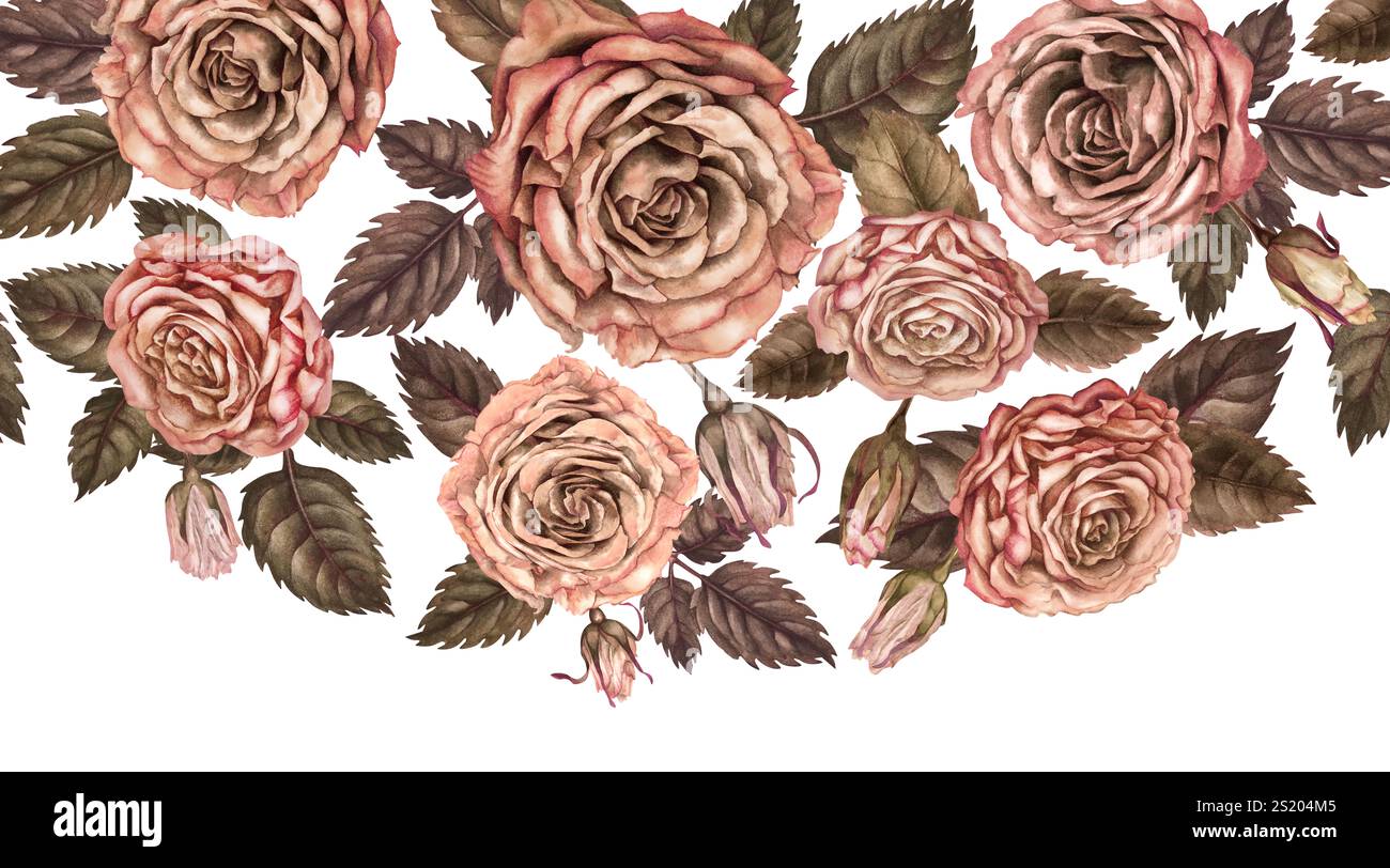 Vintage frame cut out on a floral background. Pink-brown roses in the ...