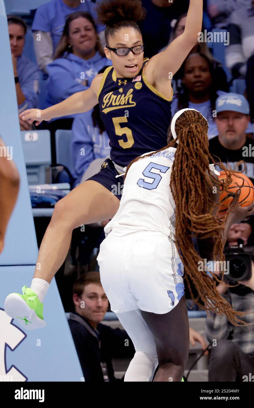 Notre Dame guard Olivia Miles, top, defends North Carolina forward ...