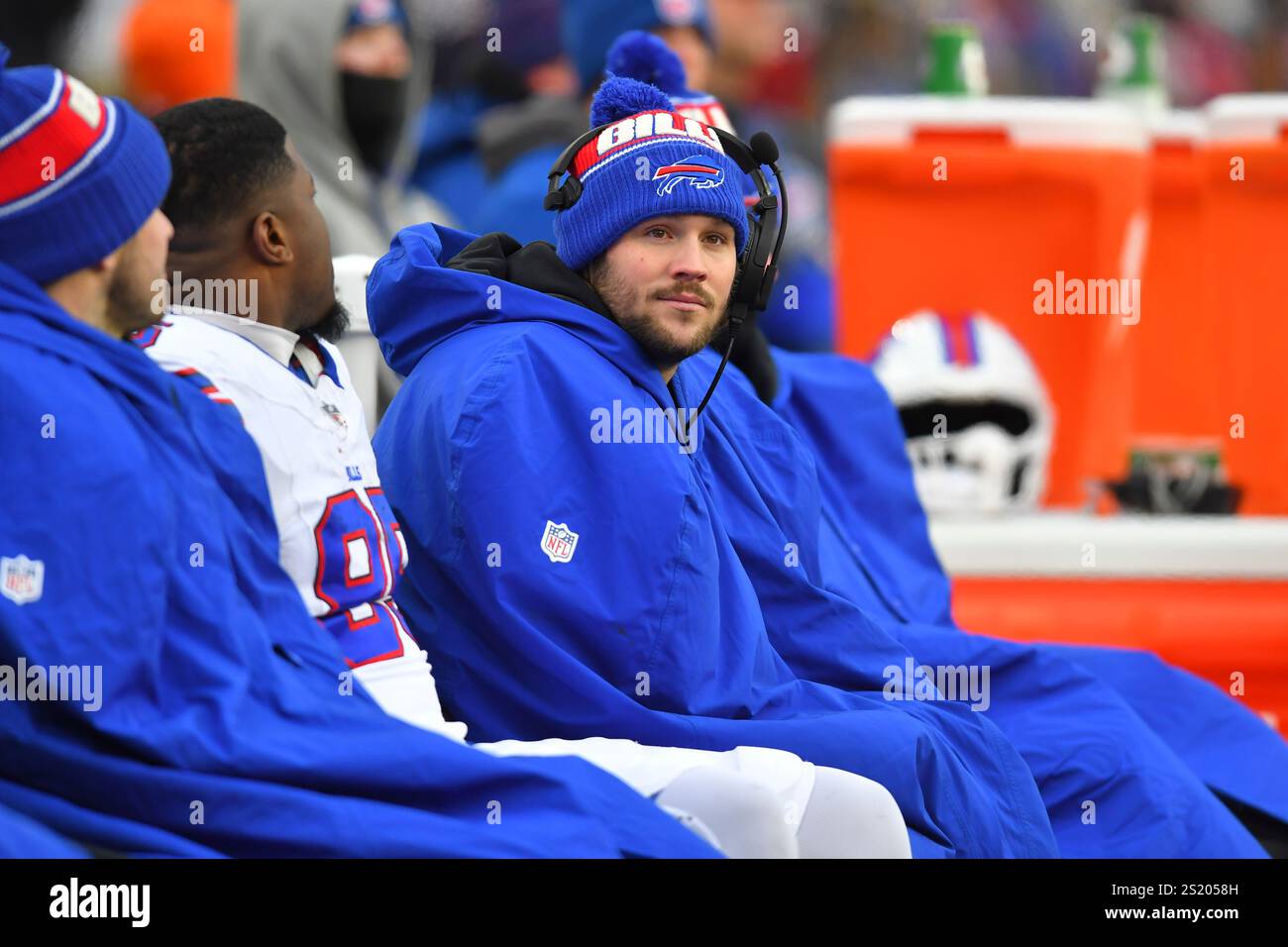 Buffalo Bills quarterback Josh Allen on the sideline during the second ...