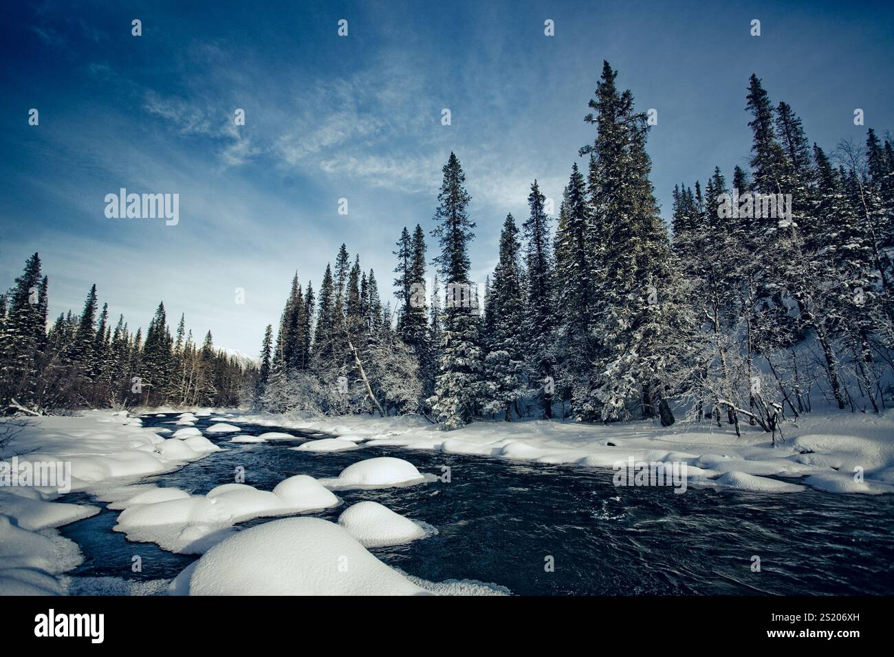 beautiful arctic winter landscape with snowy forest and frozen lake ...