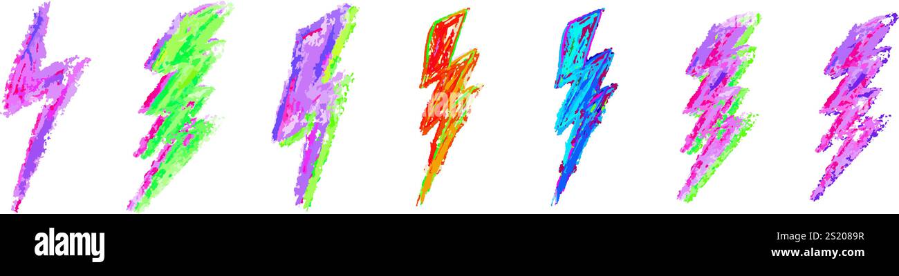 Set of lightning by colorful wax pencil drawing. Collection of ...