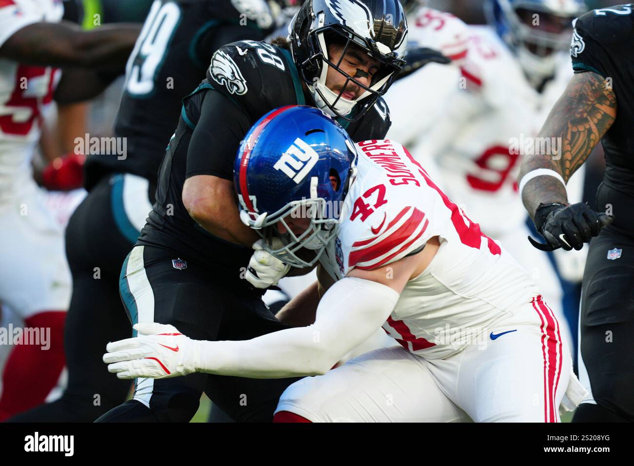 Philadelphia Eagles running back Will Shipley (28) is tackled by New ...