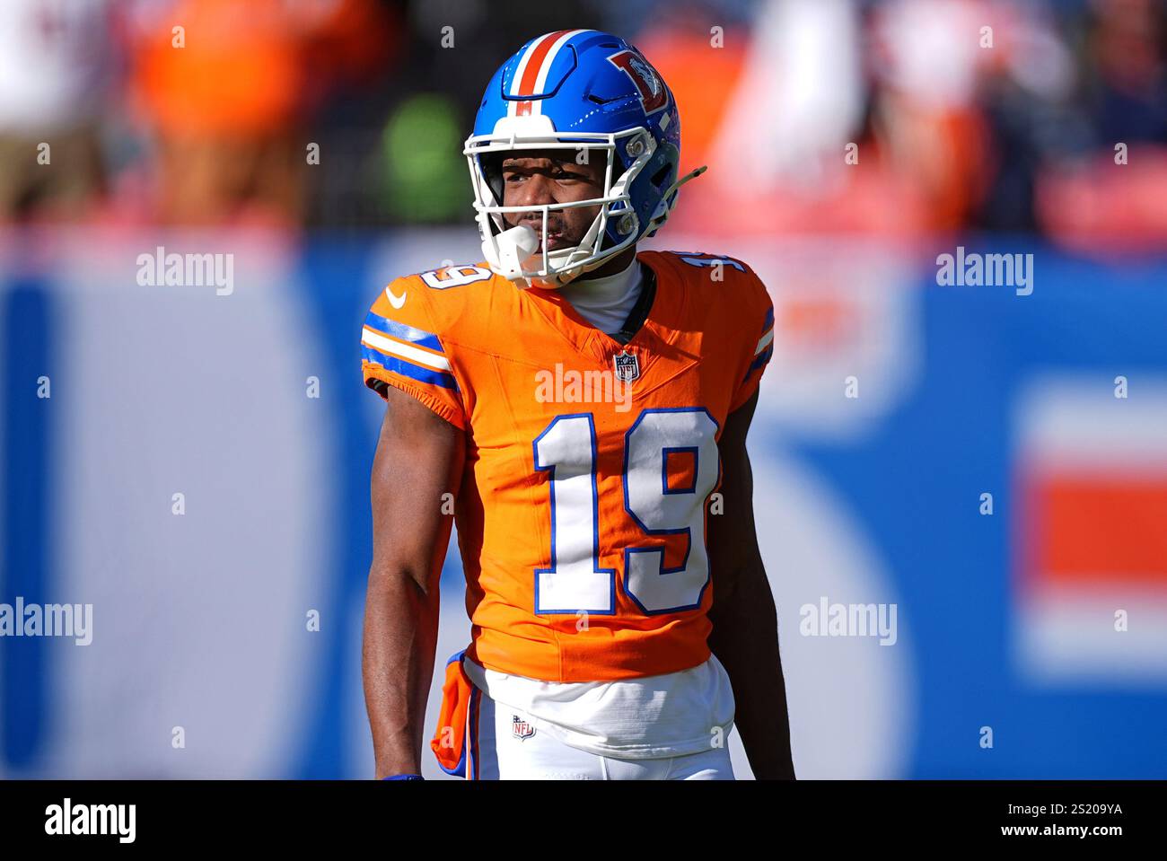 Denver Broncos wide receiver Marvin Mims Jr. warms up before an NFL football game against the ...