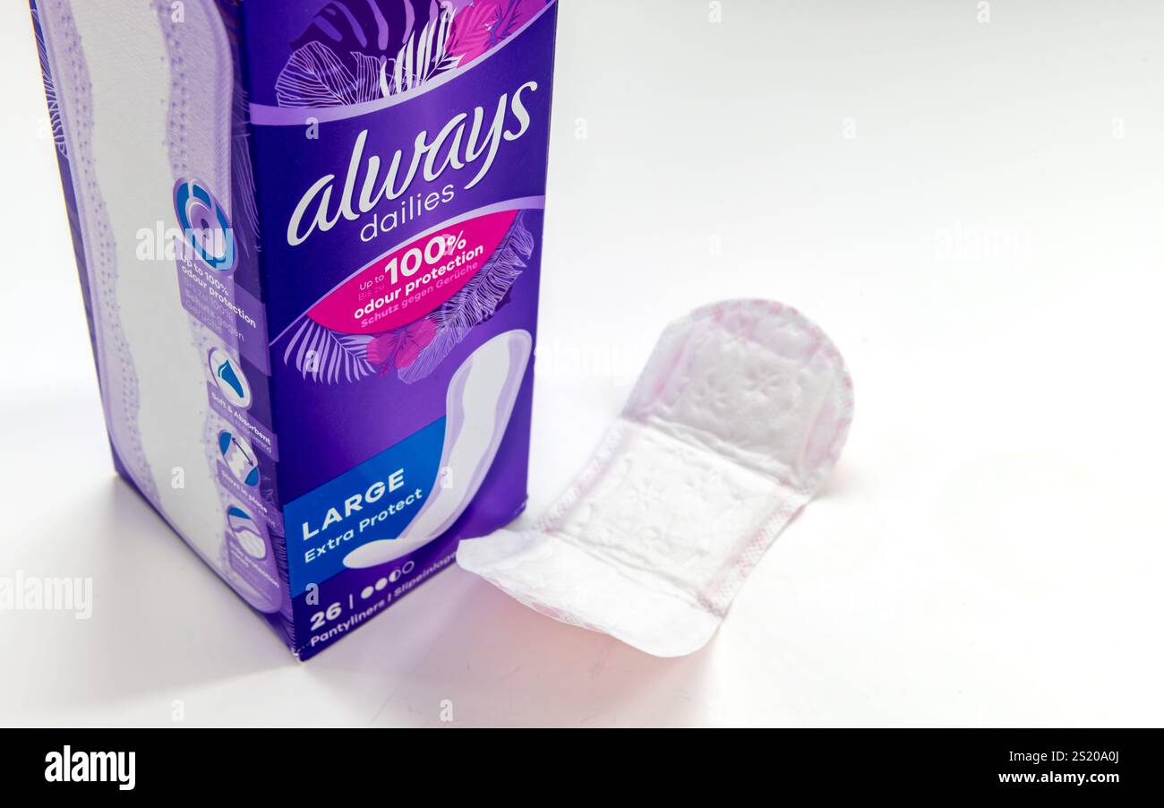 London. UK-01.01.2025. A box of menstrual hygiene pads by the American ...