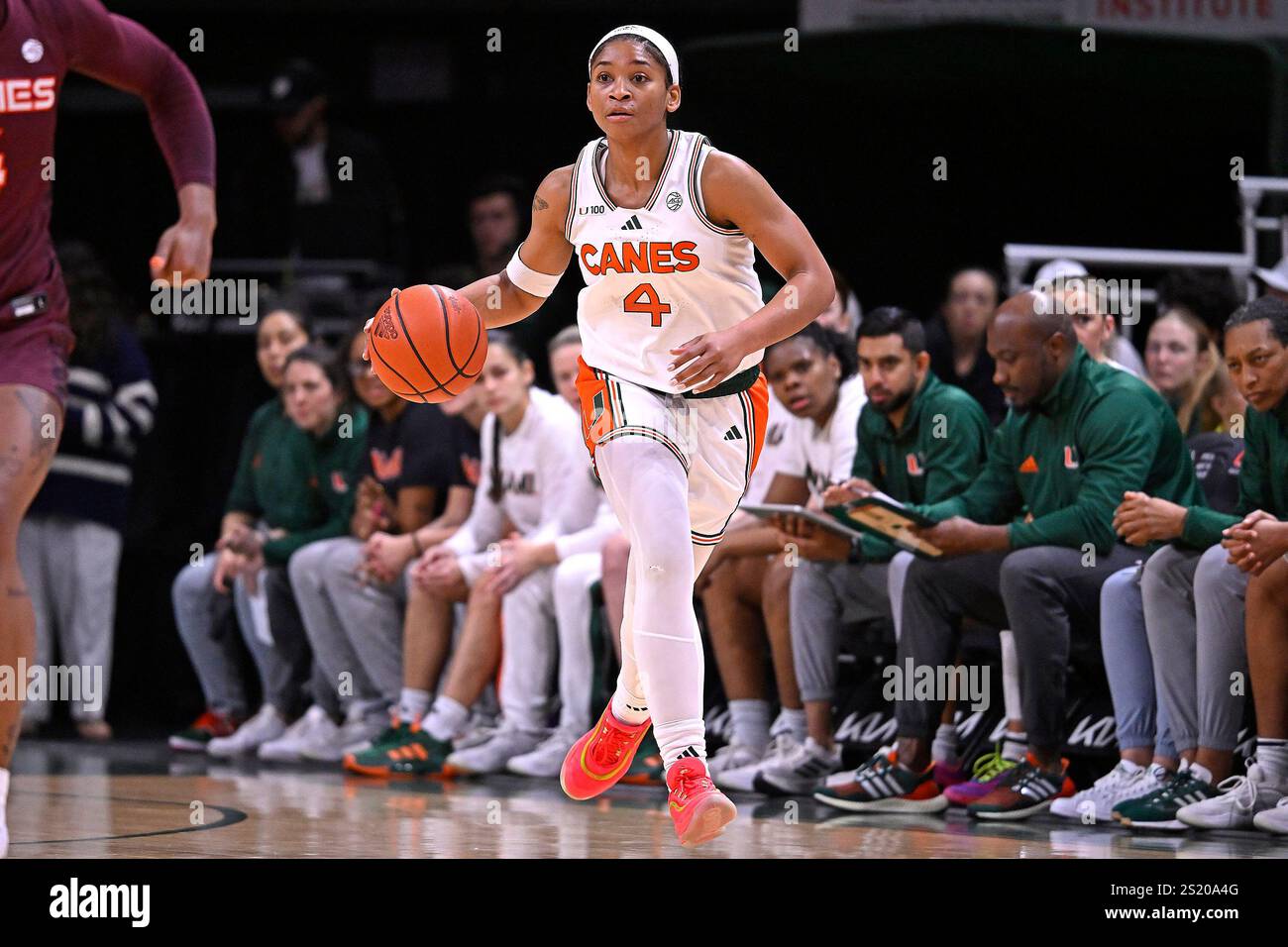 CORAL GABLES, FL - JANUARY 05: Miami guard Jasmyne Roberts (4) brings ...