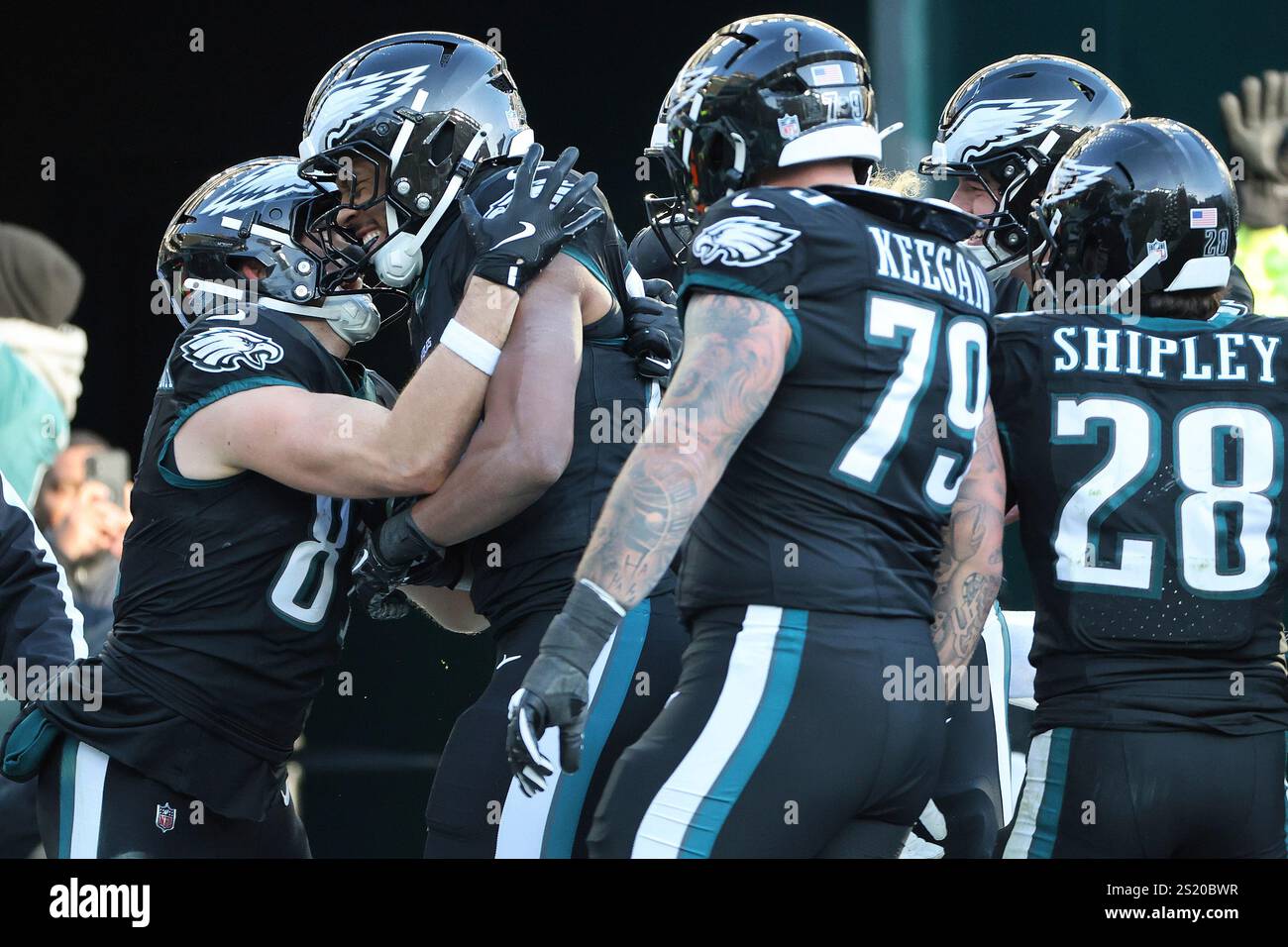 Philadelphia Eagles teammates celebrate after a touchdown made by ...